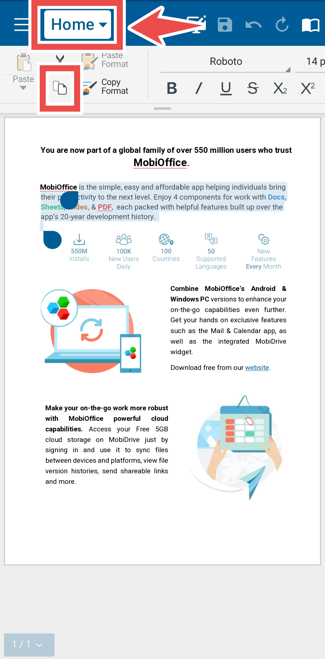 Cómo copiar texto en MobiDocs – MobiSystems