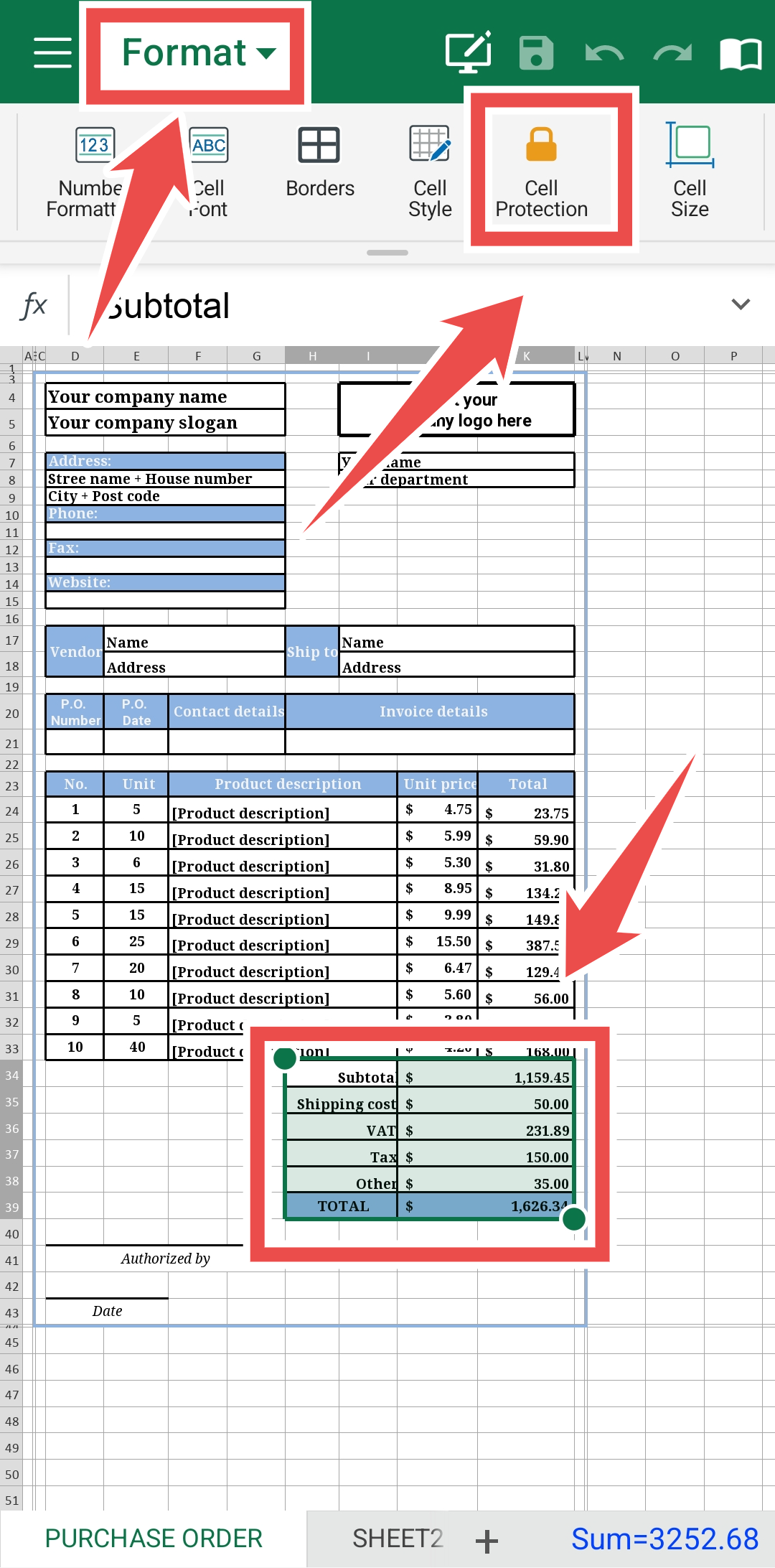 Set editable cells in Cell Protection in MobiSheets – MobiSystems