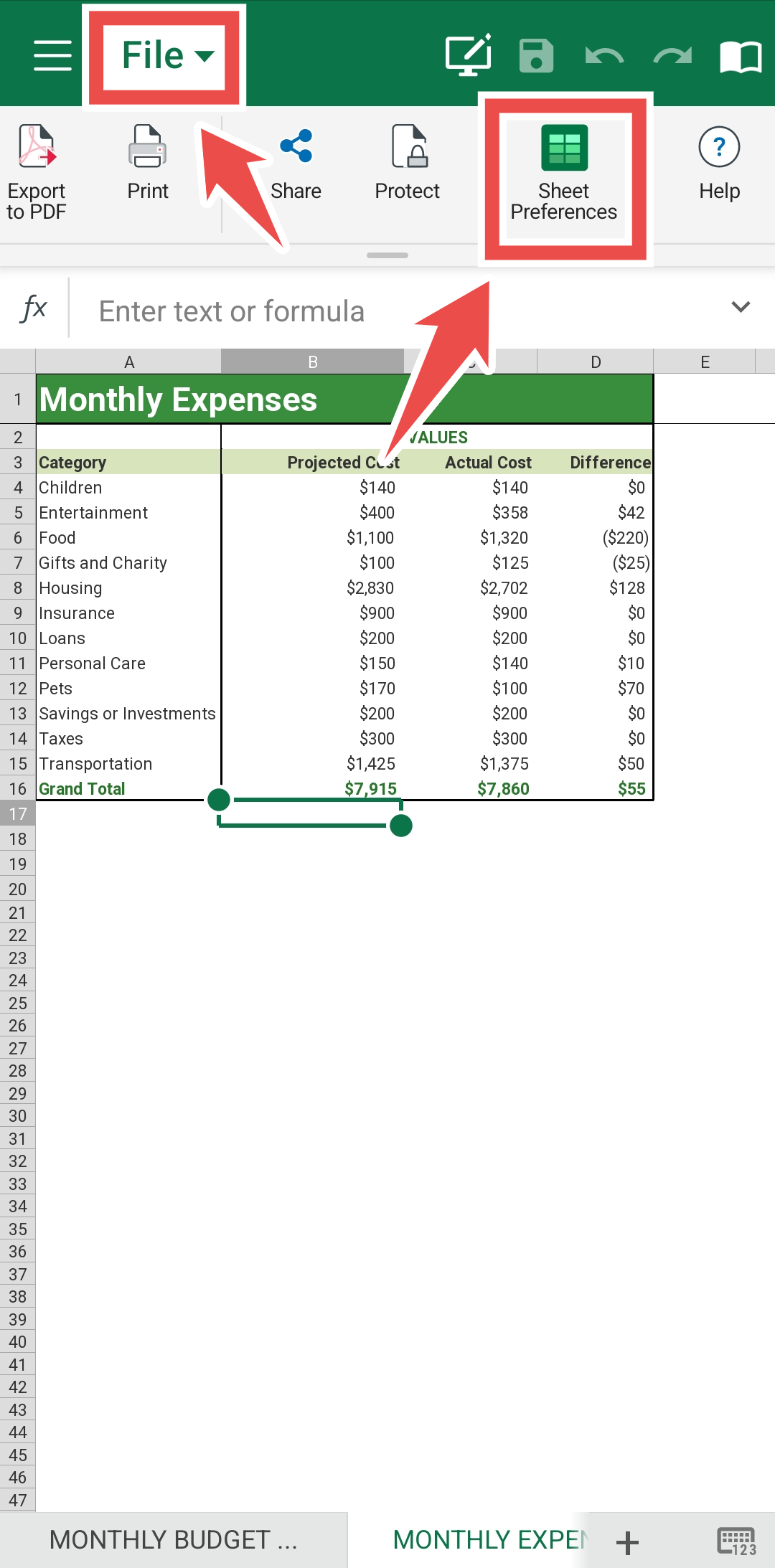 Customize selection movement in MobiSheets – MobiSystems