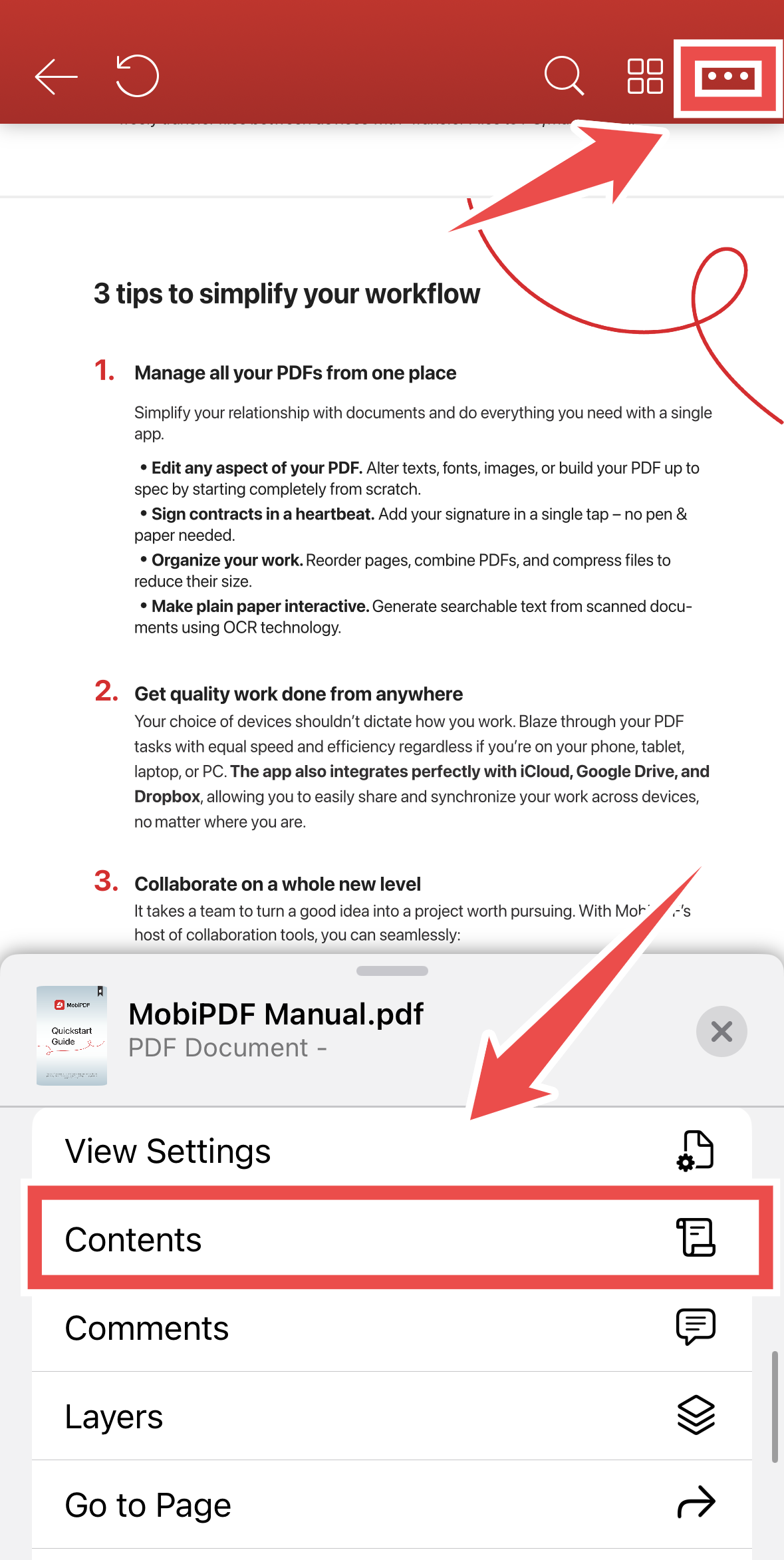 כיצד להציג סימניות PDF עם MobiPDF ב-iOS – MobiSystems