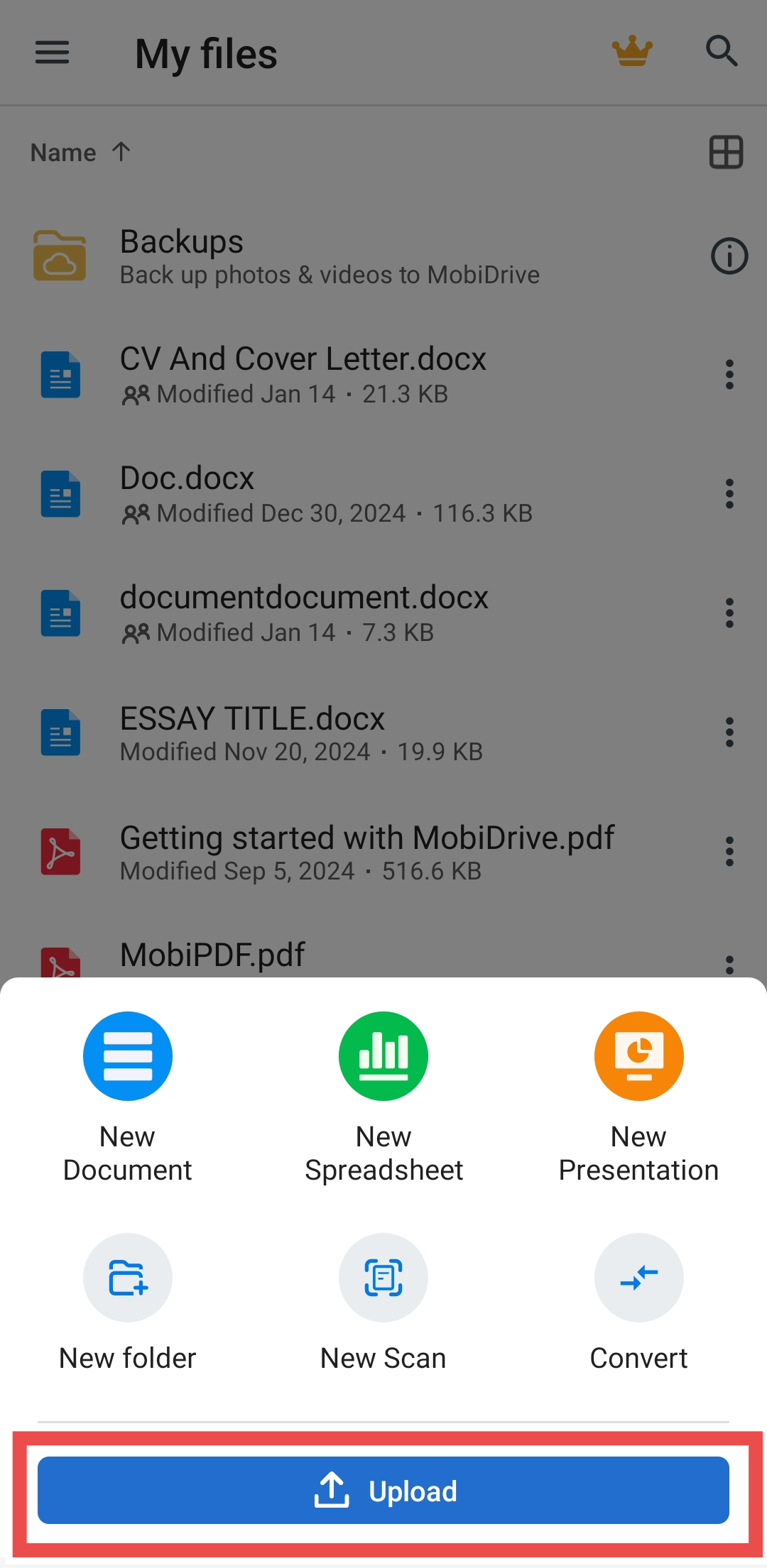 Качване на файлове в MobiDrive в Android – MobiSystems